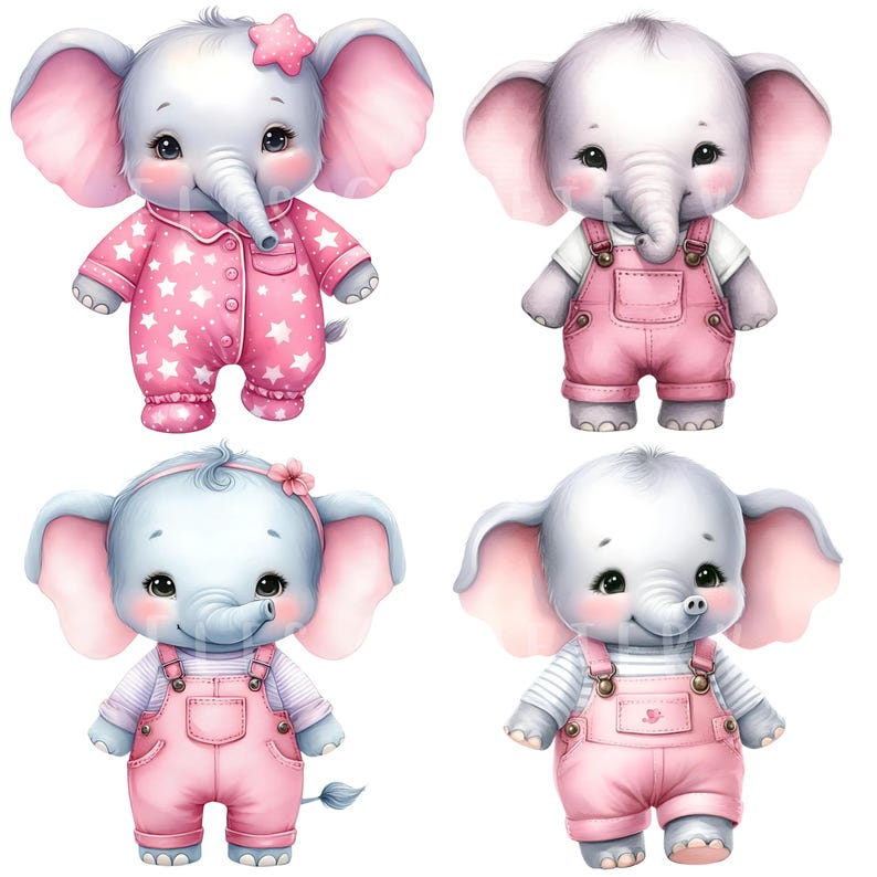 Pink Nursery Elephant Clipart Bundle 15 PNG High Quality Watercolor ...
