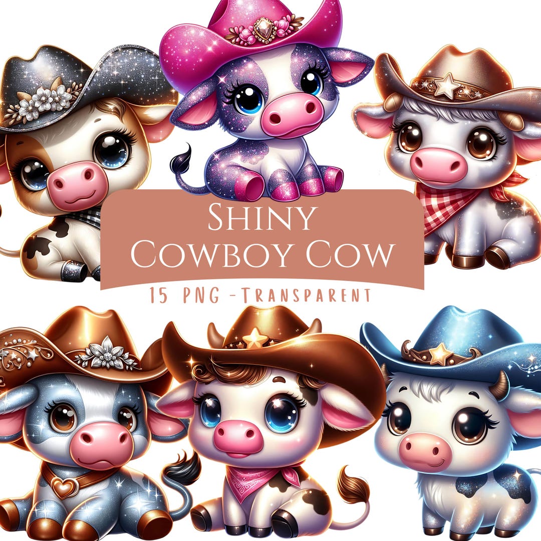 Shiny Cowboy Cow Clipart Bundle 15 PNG High Quality Cartoon Cute Baby ...