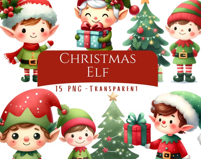 Watercolor Elf Clipart 12 PNG, Merry Christmas, Digital Download, Card ...