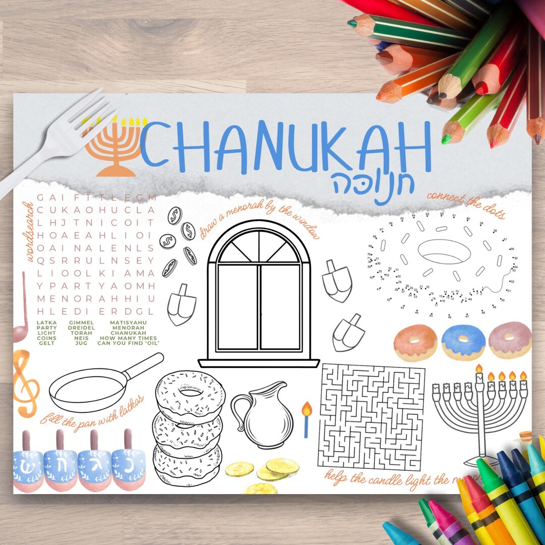 Chanukah Fun Page + Coloring Placemat, Instant Download - Printables - Etsy