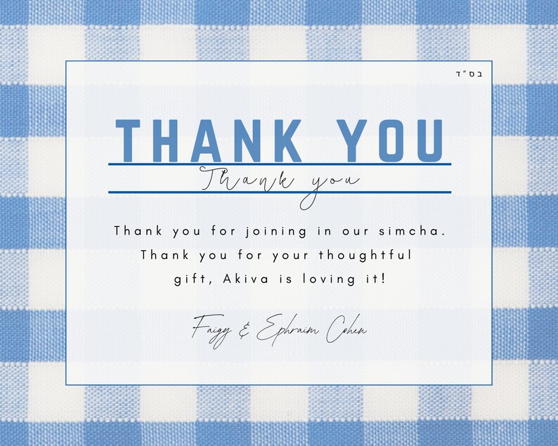 Upsherin Thank You Card Template - Blue Gingham, Digital Download ...