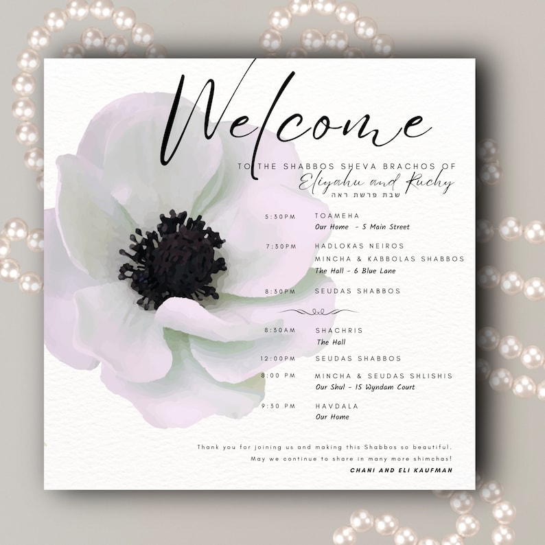 Shabbos Sheva Brachos Schedule Template, Shabbos Itinerary, Hostess ...