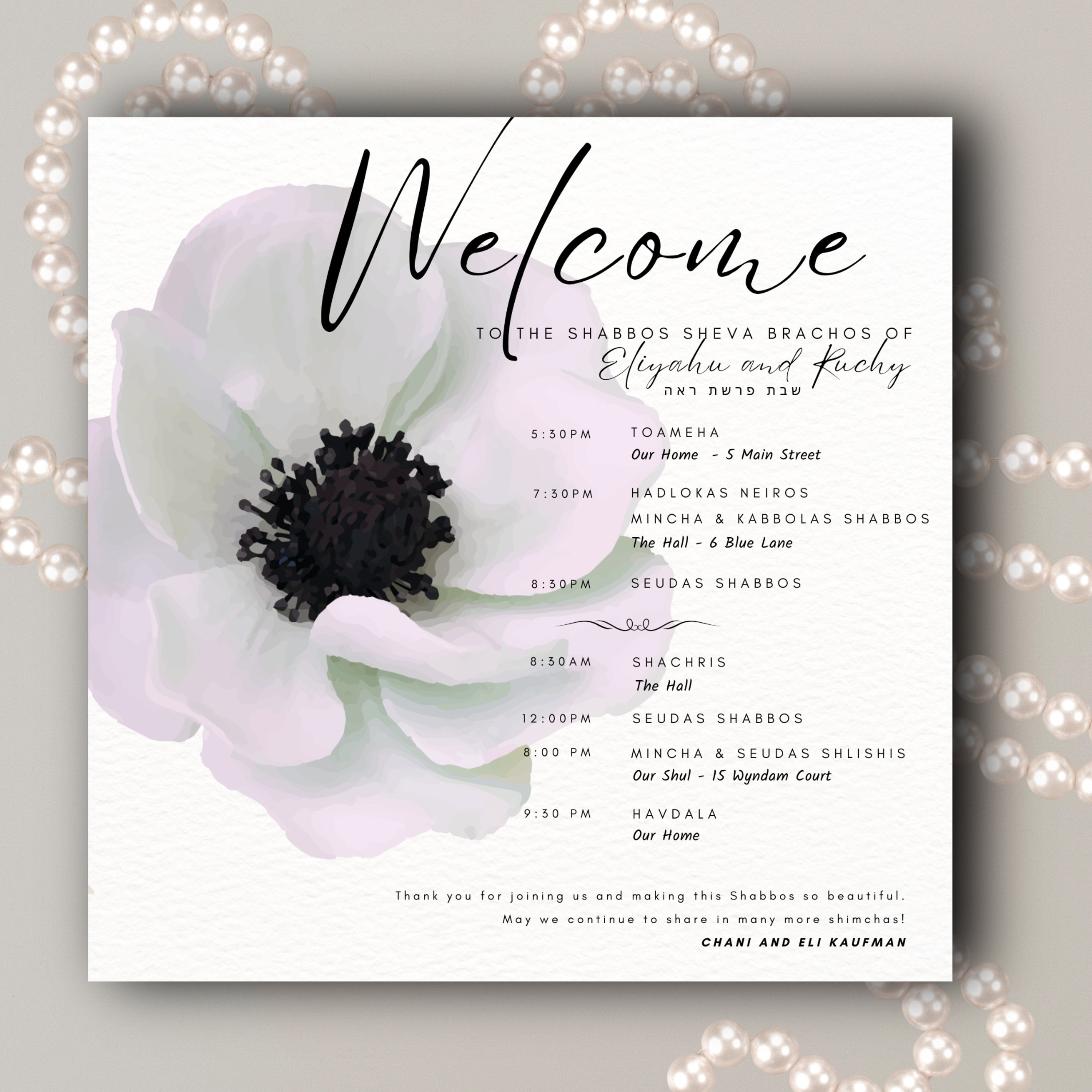 Shabbos Sheva Brachos Schedule Template, Shabbos Itinerary, Hostess ...