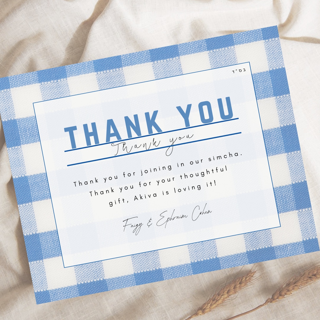 Upsherin Thank You Card Template - Blue Gingham, Digital Download ...