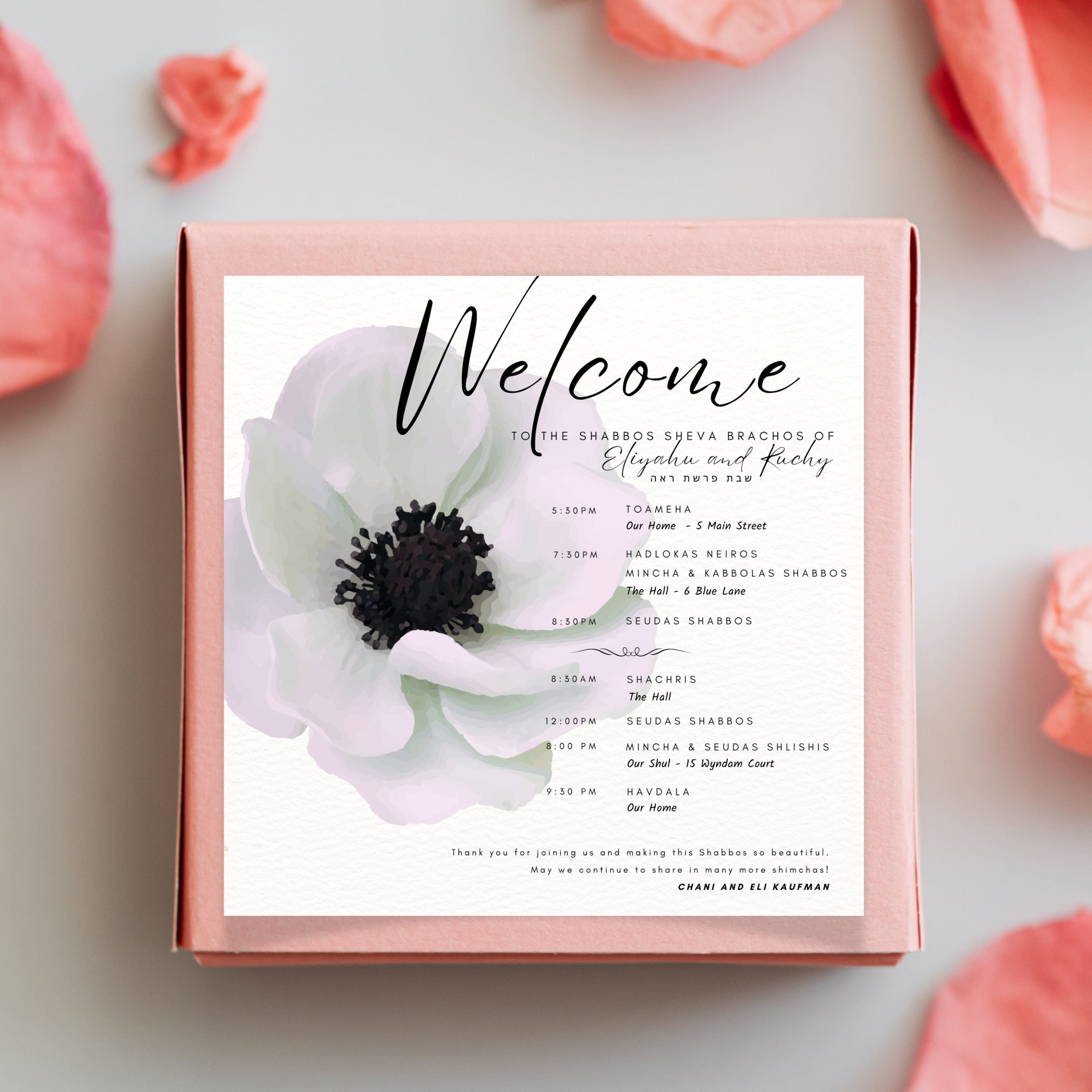 Shabbos Sheva Brachos Schedule Template, Shabbos Itinerary, Hostess ...