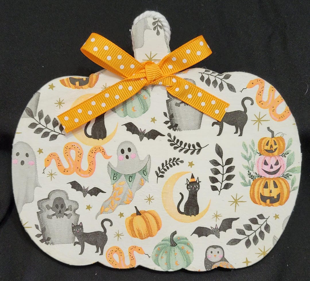 Cute Ghosts, Cats, Bats, & Snakes Pattern on a Wooden Pumpkin ...