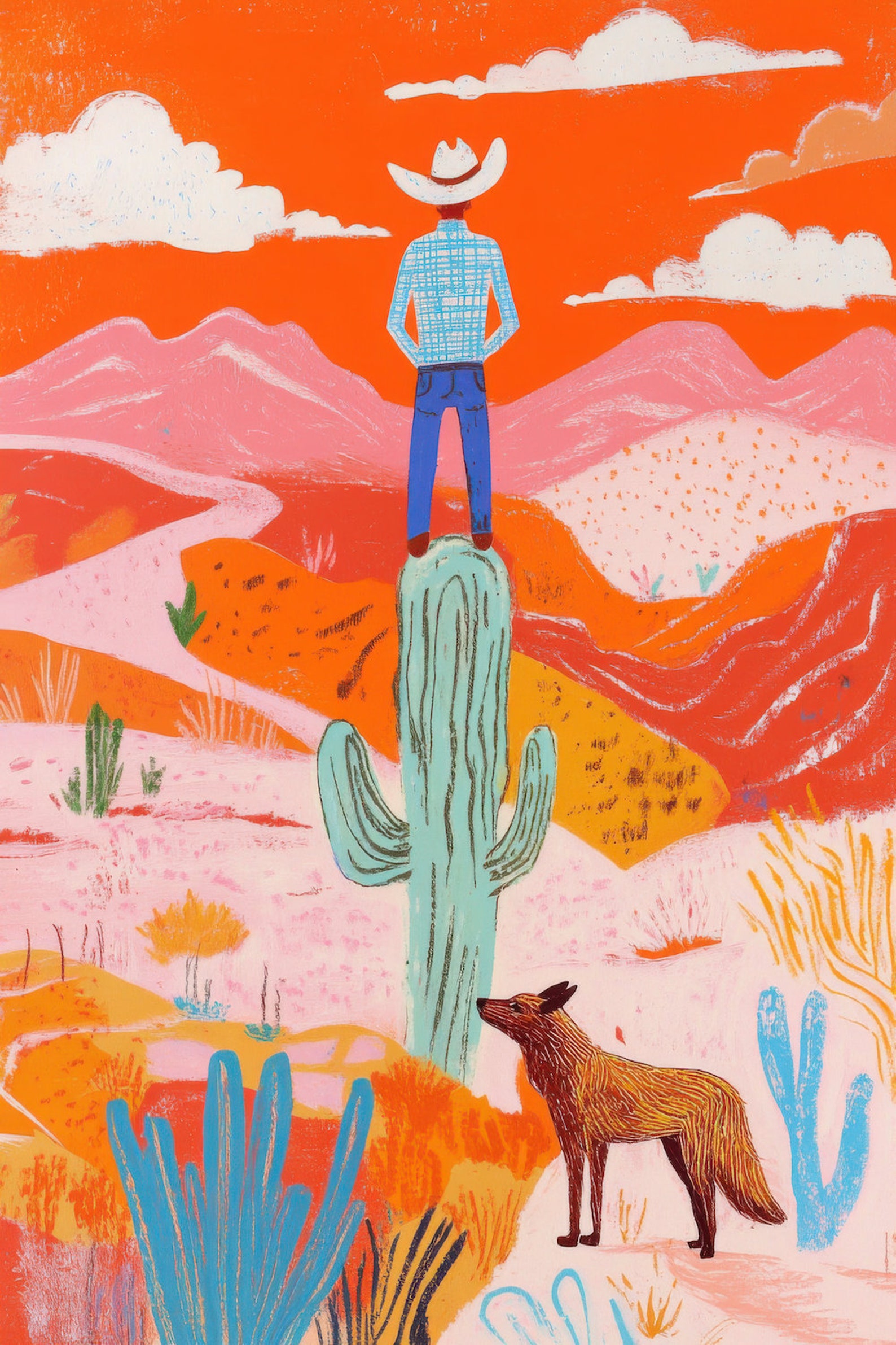 CACTUS COWBOY Framed Western Poster, Desert Cowboy Art, Cactus Scene ...