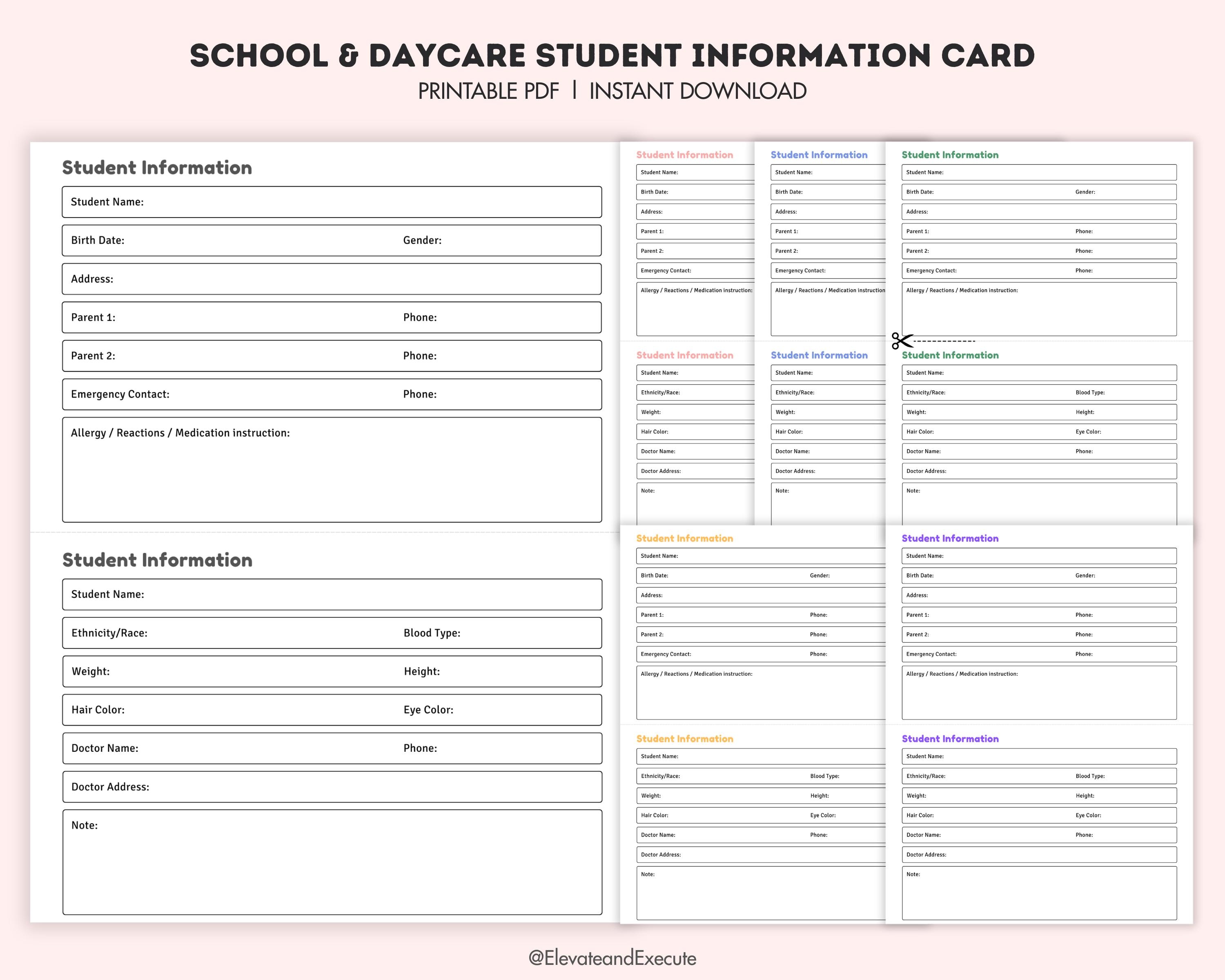 School Daycare Student Information Card Child Information Sheet Simple ...