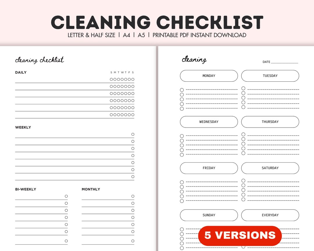 Cleaning Checklist Printable Sheet Cleaning Routine Checklist Digital PDF Download - Etsy