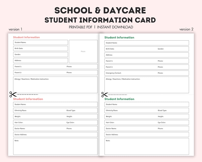 School Daycare Student Information Card Child Information Sheet Simple ...