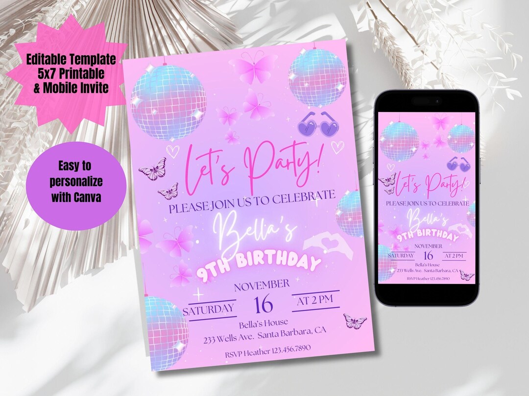 Editable Birthday Let's Party Invitation, Sparkle, Kids Girls Teen ...