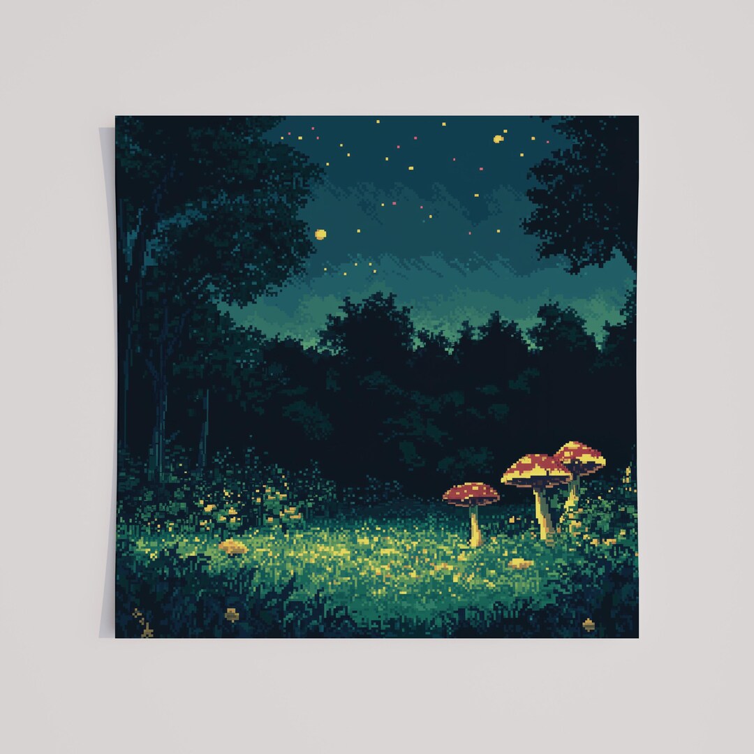 8 Bit Pixel Art Wonderful Glowing Forest at Night I Matte Paper Poster ...