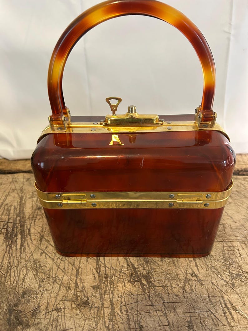 1970s Sleek French Tortoise Shell Lucite Box Purse Marked MADE in ...