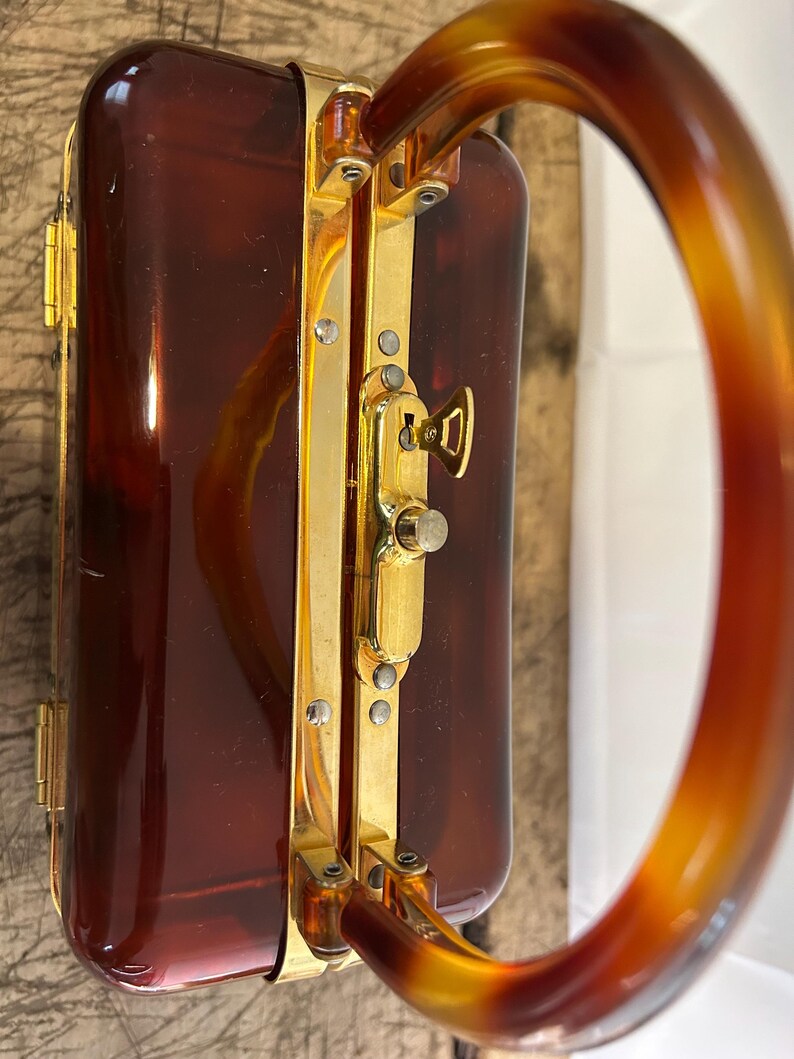 1970s Sleek French Tortoise Shell Lucite Box Purse Marked MADE in ...