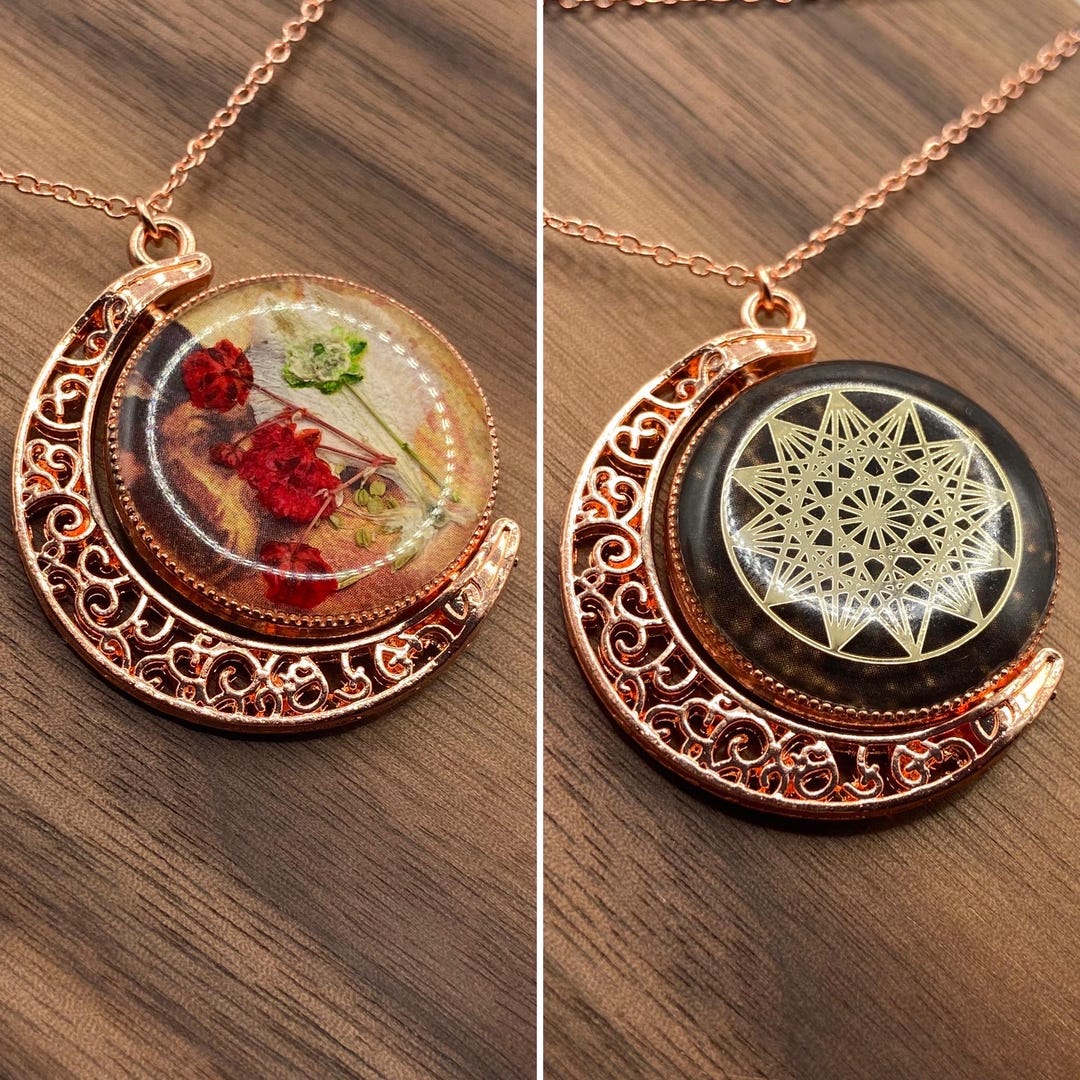 Filigree Crescent Moon Double-sided Necklace With Rotating Pendant ...