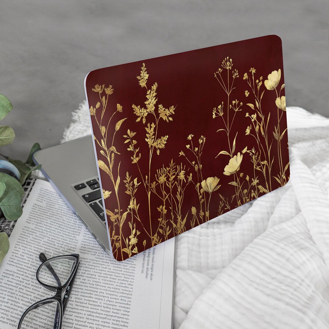 Burgundy MacBook Case Gold Wildflowers Laptop Skin, Cover for MacBook ...