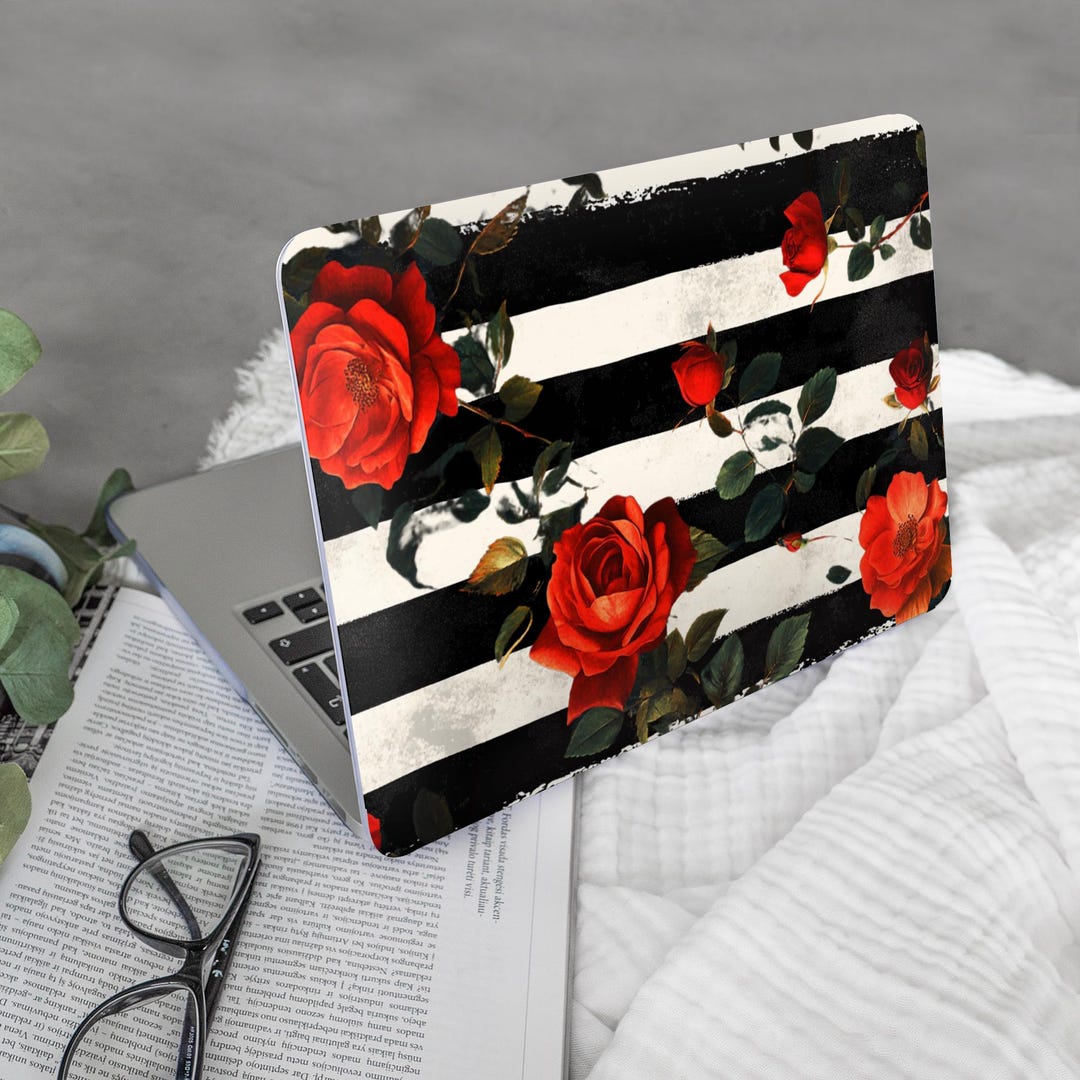 Black Stripes MacBook Case Red Rosses Laptop Skin, Cover for MacBook ...