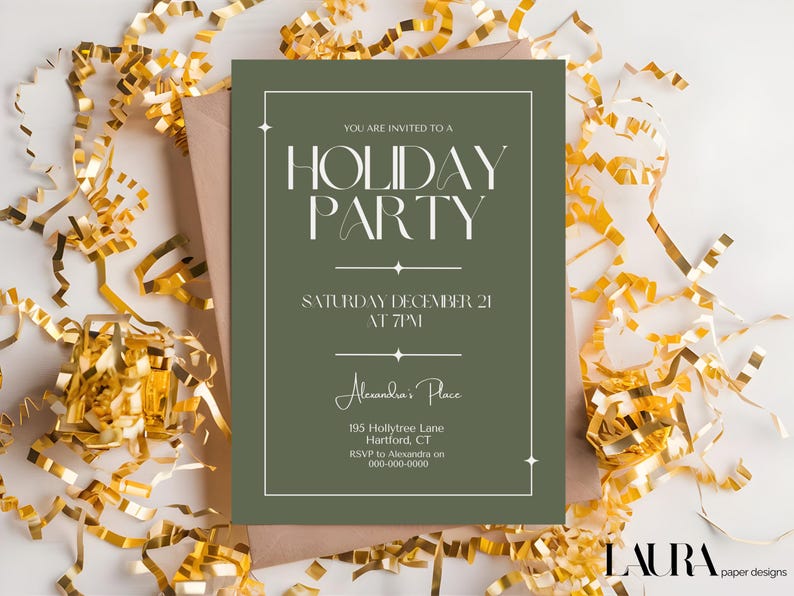 Green Holiday Party Invitation, Modern Christmas Party Invitation ...