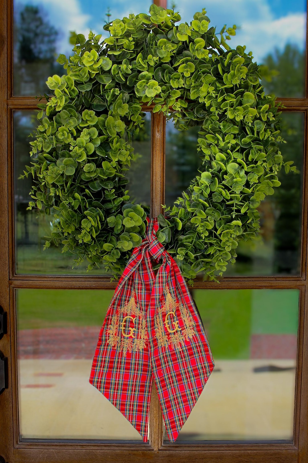 Embroidered Christmas Wreath Sash | Stuart Plaid | Christmas Home Gifts ...