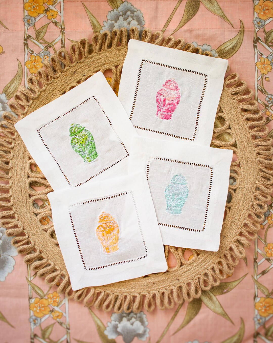 Custom Ginger Jar Embroidered Hemstitch Cocktail Napkins | Ginger Jar ...