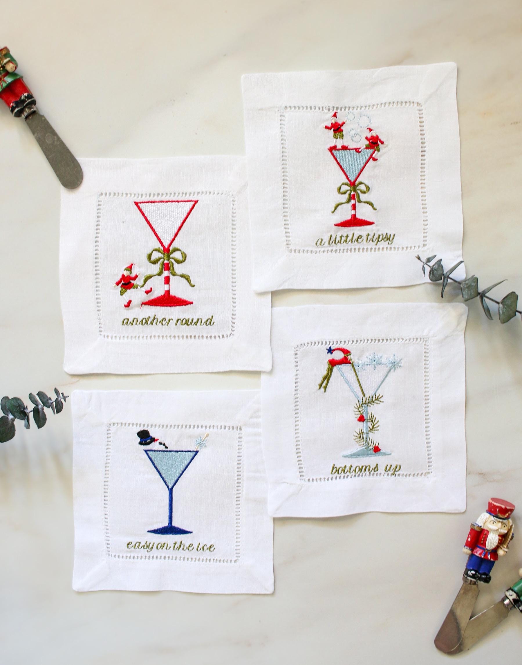 Boozy Holiday Embroidered Cocktail Napkins | Hostess Gifts | Gifts for ...