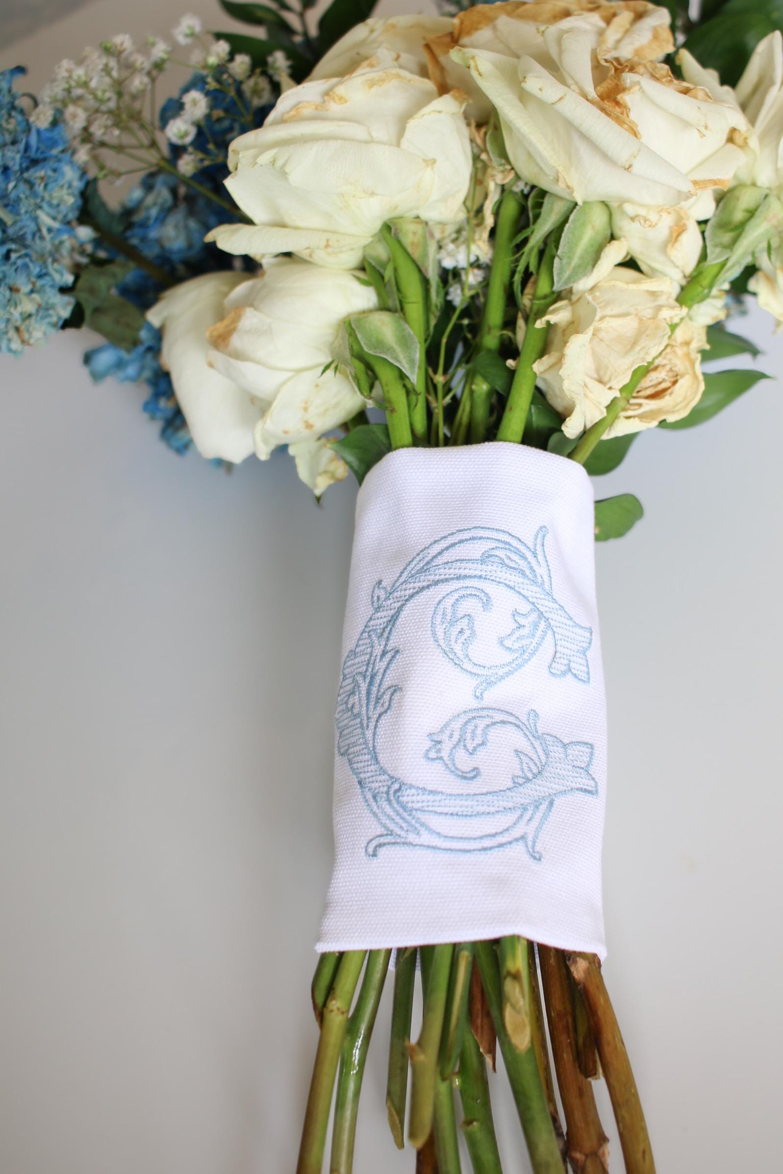 Embroidered Wedding Bouquet Wrap With Single Letter Monogram | Wedding ...