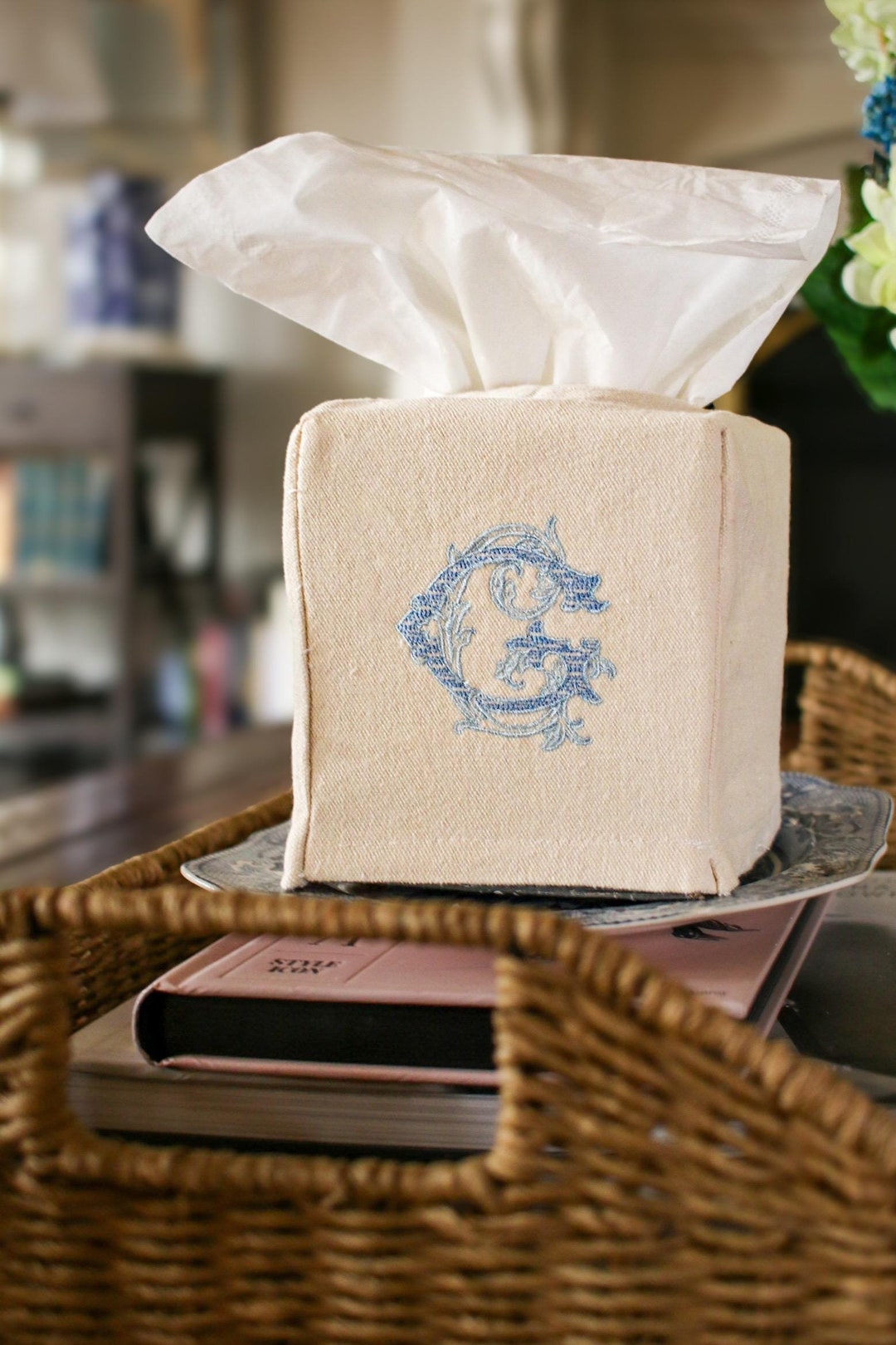 Embroidered Tissue Box Cover Single Initial | Home Gifts | Hostess ...