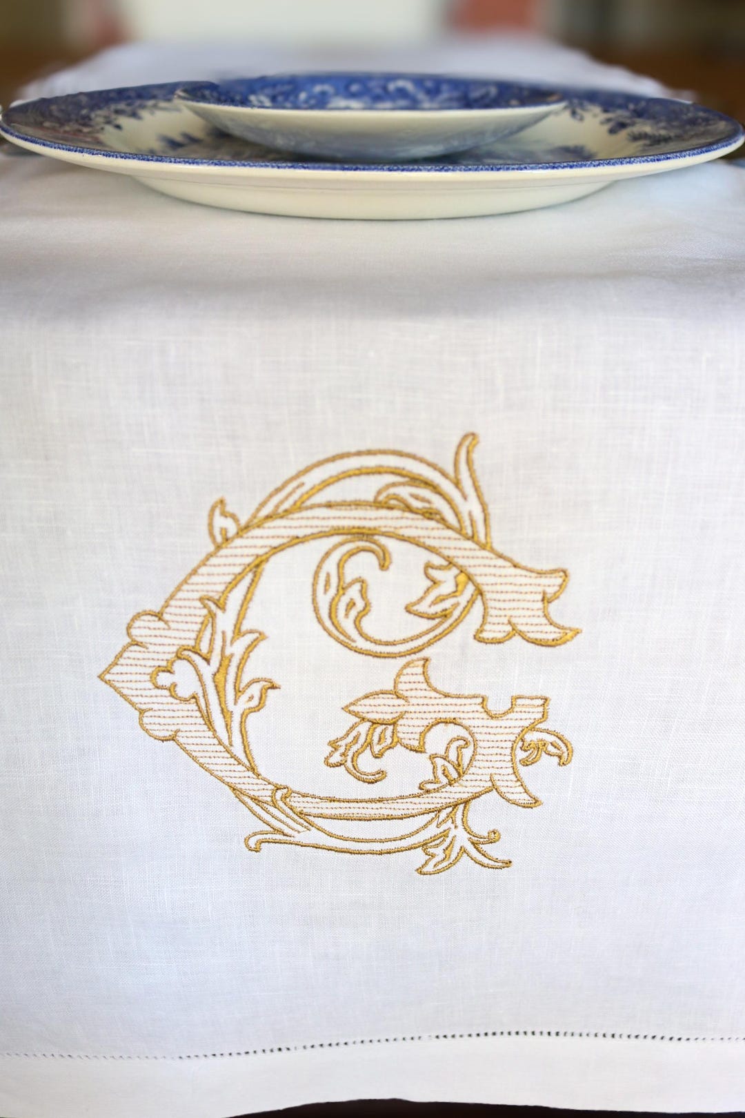 Embroidered Linen Table Runner | Single Initial Vintage Vine | Custom ...