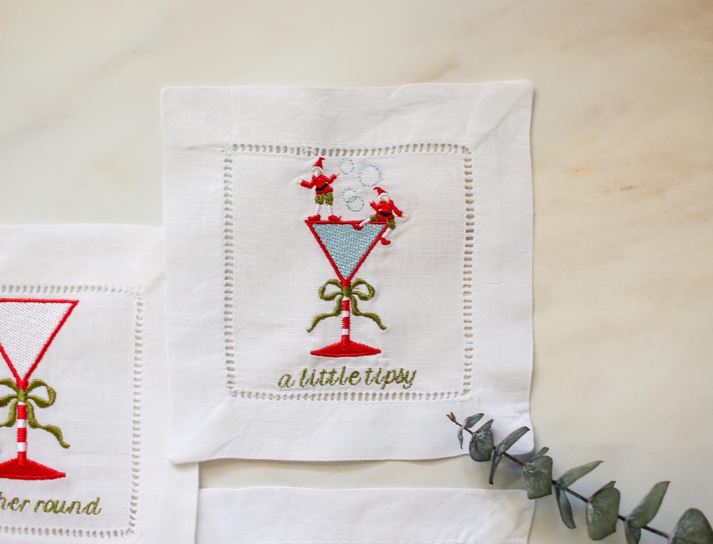 Boozy Holiday Embroidered Cocktail Napkins | Hostess Gifts | Gifts for ...
