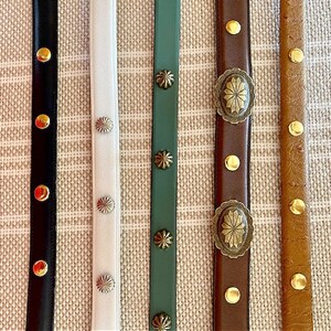 SKINNY Belt Concho Rivets Gold Blue Teal Tan Brown White Leather SCROLL ...
