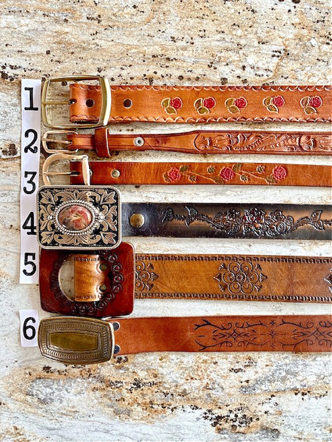 Leather Belt Stamped Scrolled Western Rose Paint Wide Skinny Vintage ...