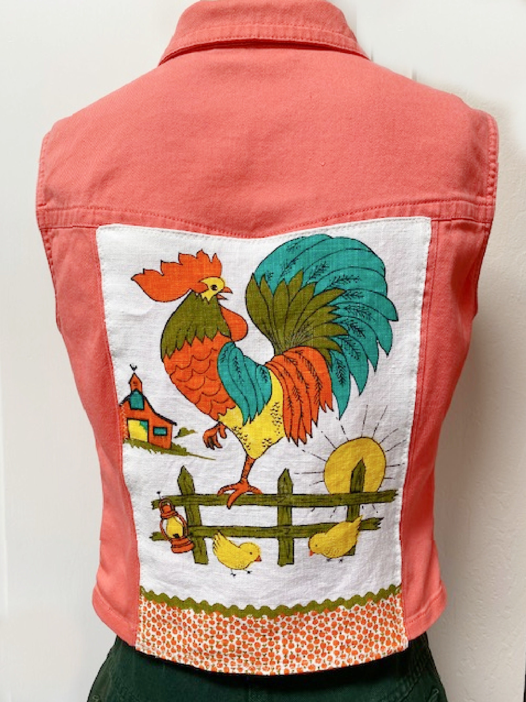 Denim Vest Vintage Rooster ooak art wear upcycled clothing | Etsy