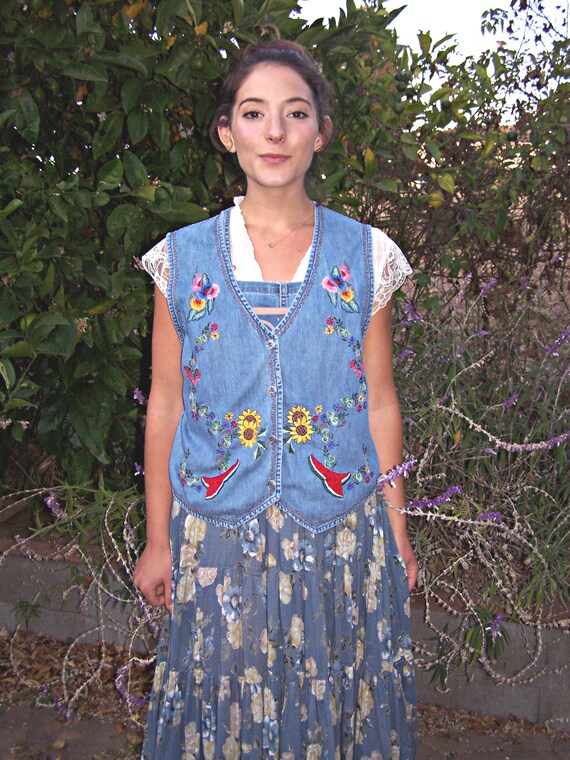 Denim Vest Cottagecore Embroidered Fruit & Flowers Sleeveless | Etsy