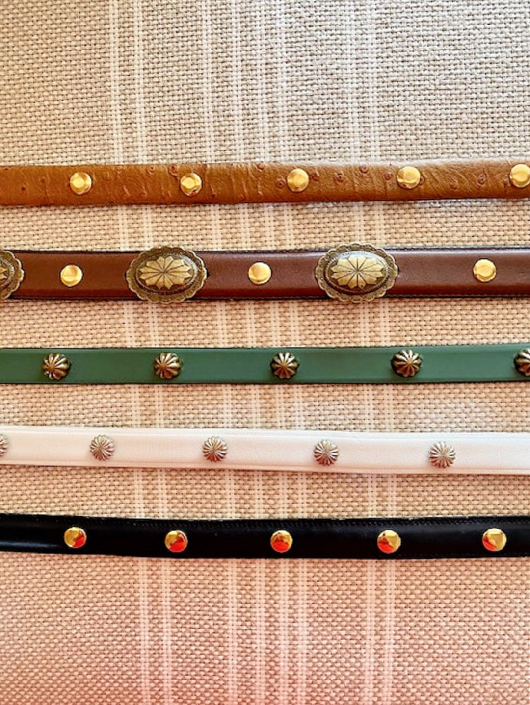 SKINNY Belt Concho Rivets Gold Blue Teal Tan Brown White Leather SCROLL ...