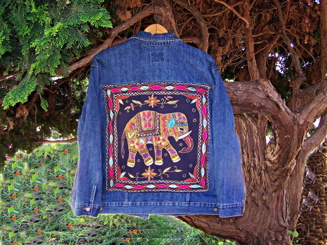 PLUS Size Denim Jacket Elephant Embroidered Exotic Ooak Art Wear ...
