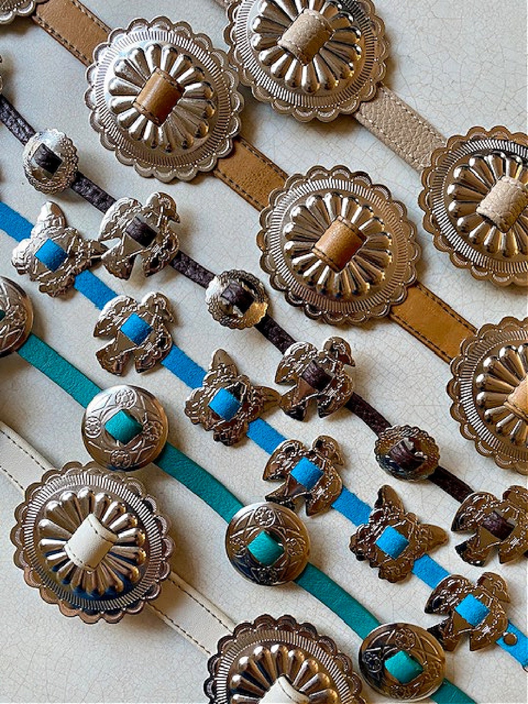 Handmade Concho Belt Silver Tan White Turquoise Western Bird Butterfly ...