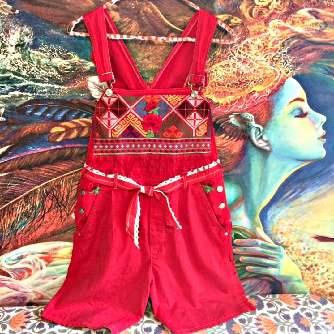 BEE LOVE Overall Shorts Red Embroidered Bibs Ooak Art Wear - Etsy