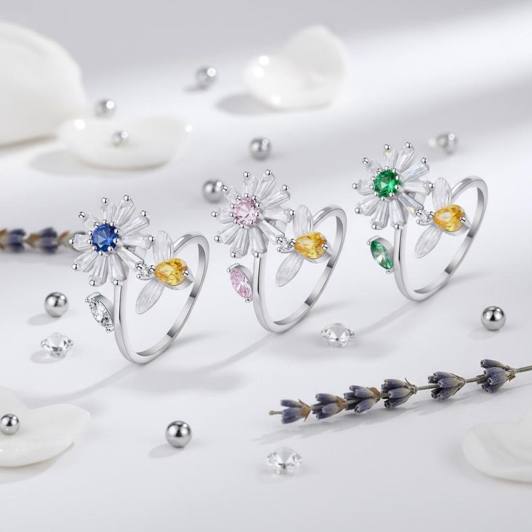 Crystal Flower Bee Ring – Adjustable Open Style - Etsy Australia