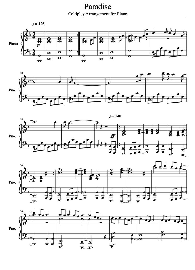 Paradise – Coldplay Piano Sheet Music PDF | Easy / Beginner Digital Download - Etsy UK