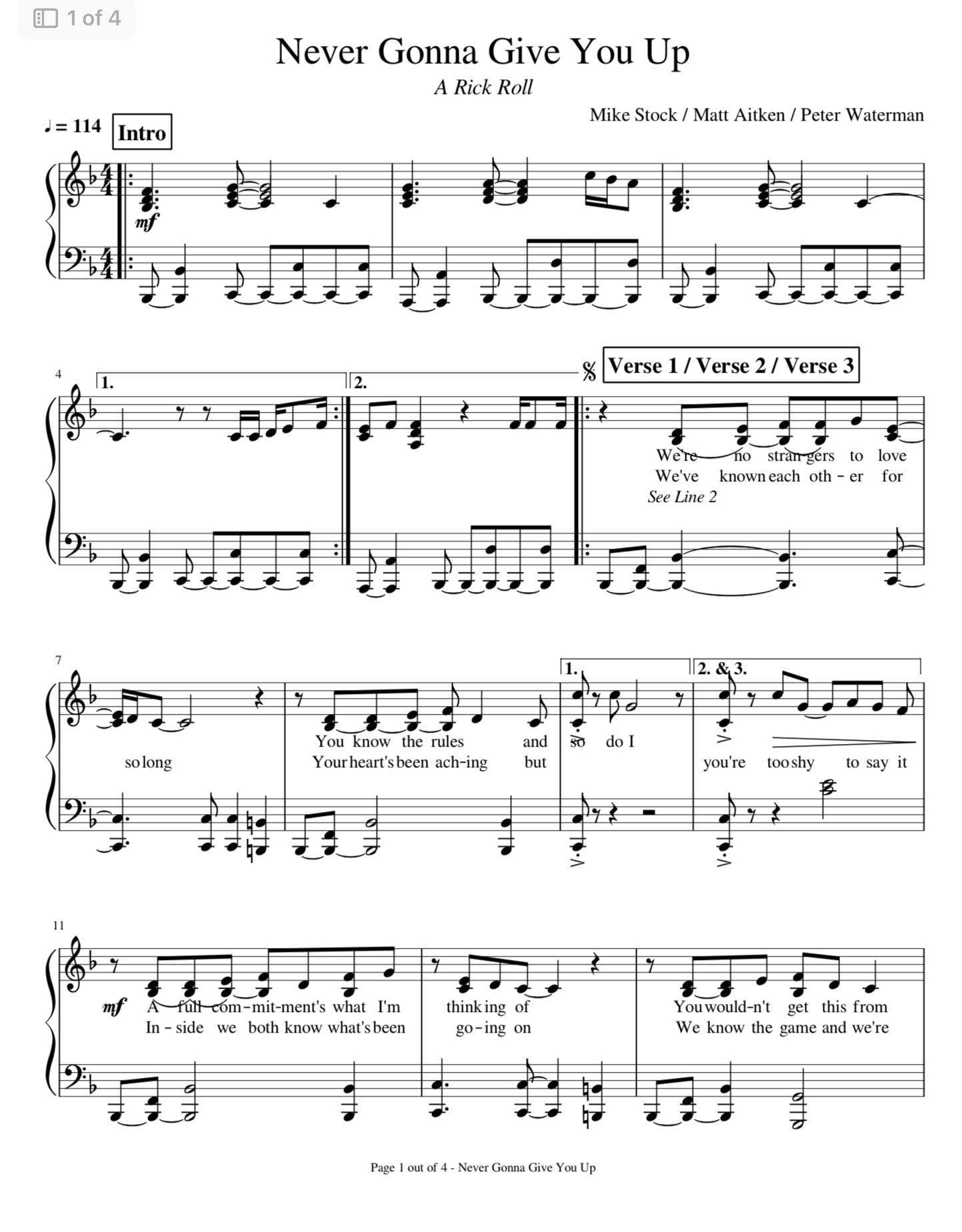 Rick Astley – Never Gonna Give You up Piano Sheet Music PDF | Pop ...