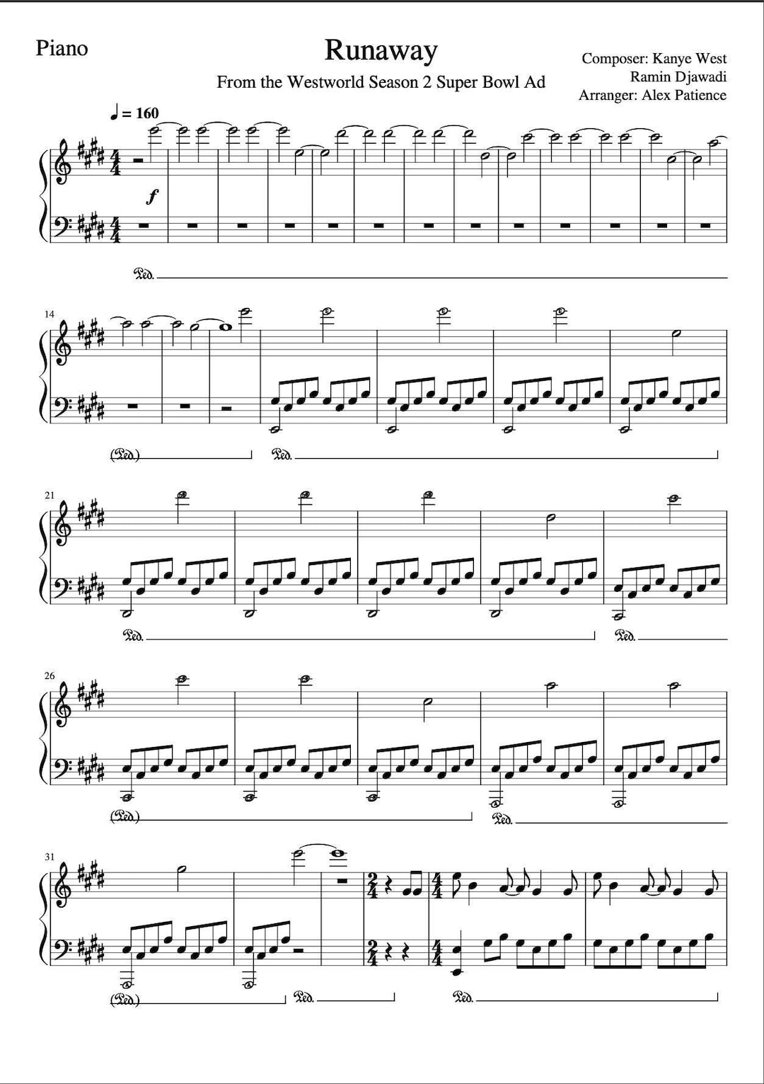 Kanye West – Runaway Piano Sheet Music PDF | Hip Hop / Pop Digital ...