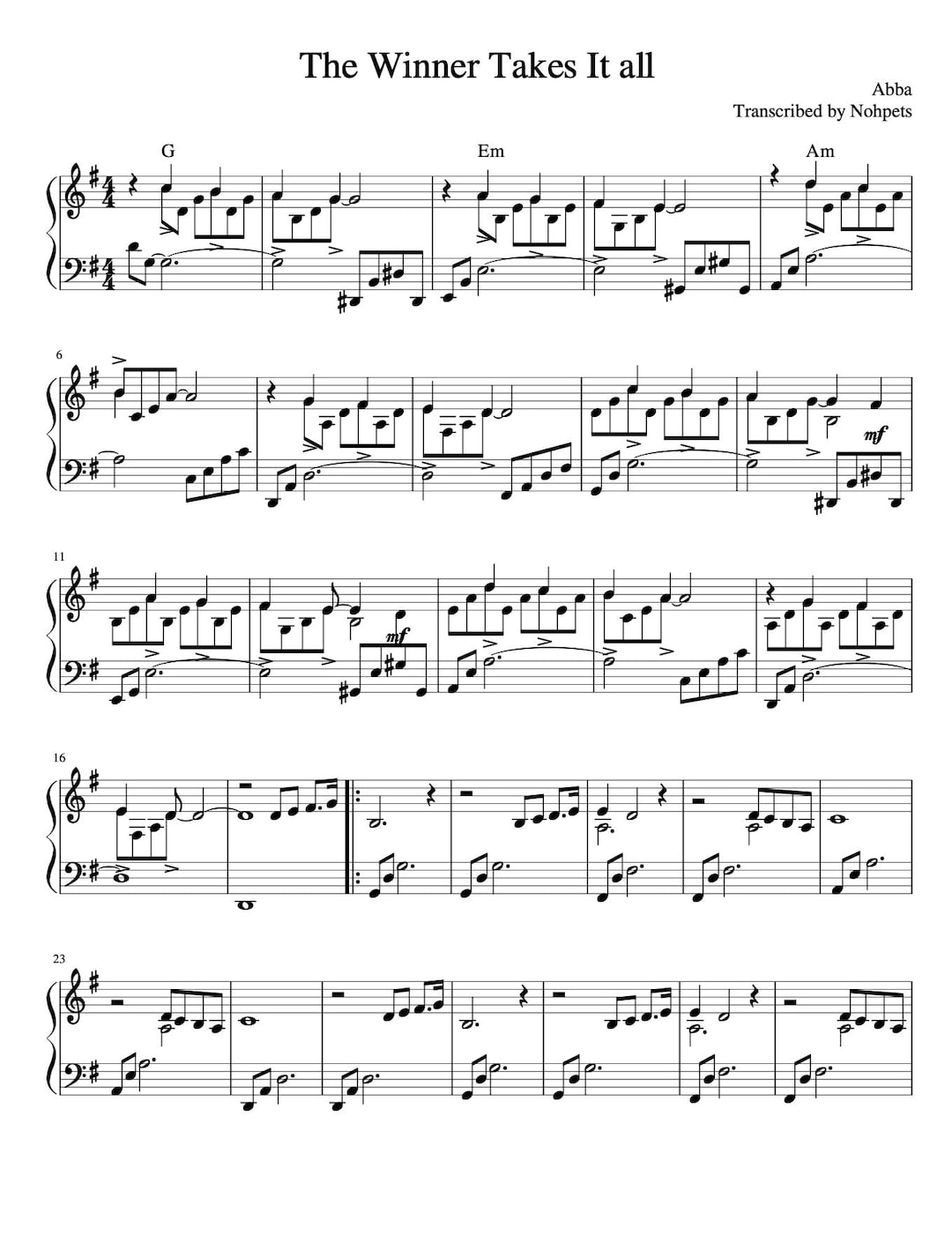 ABBA - the Winner Takes It All (piano Sheet Music) PDF - Etsy