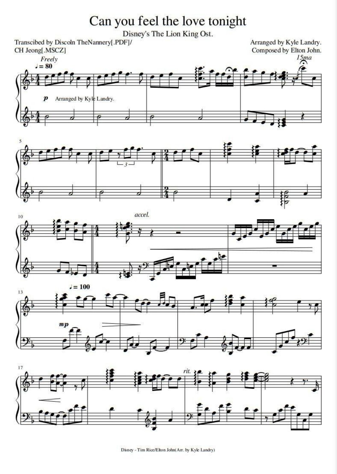 Elton John - Can You Feel the Love Tonight, the Lion King (piano Sheet ...