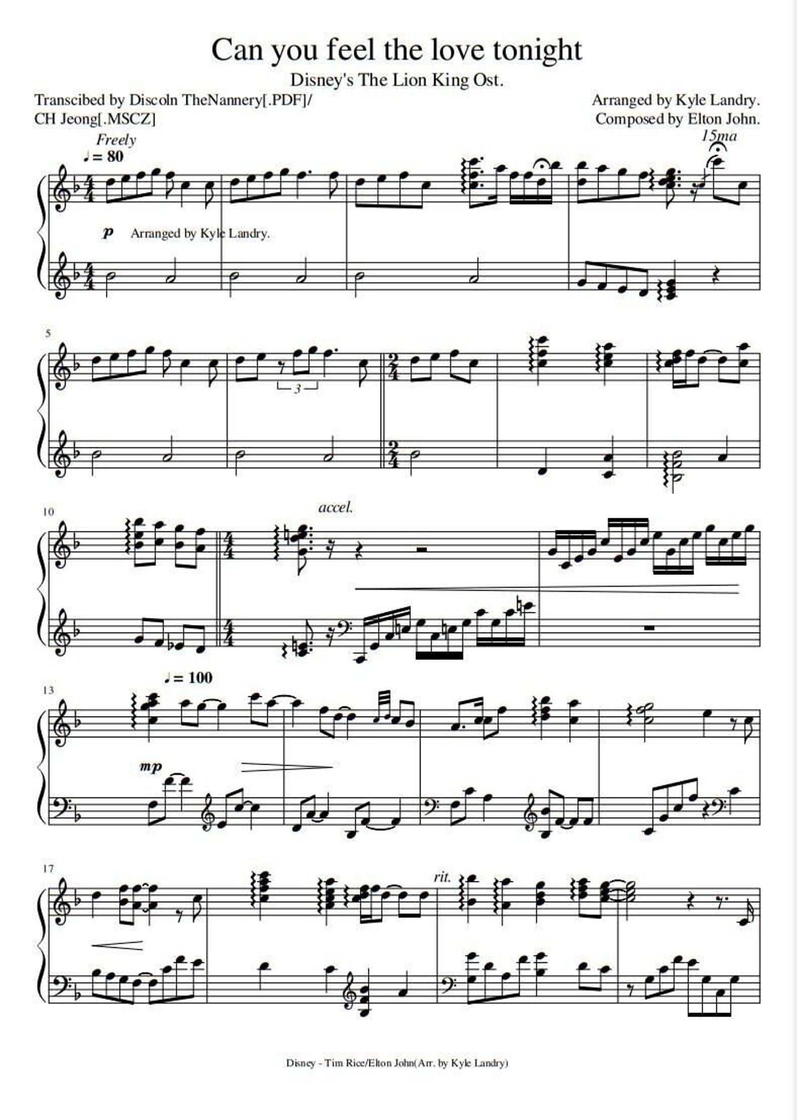 Elton John - Can You Feel the Love Tonight, the Lion King (piano Sheet ...