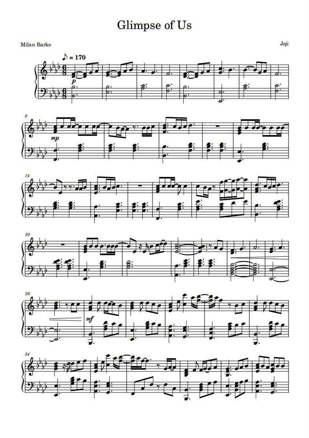 Joji - Glimpse of Us (piano Sheet Music) PDF - Etsy