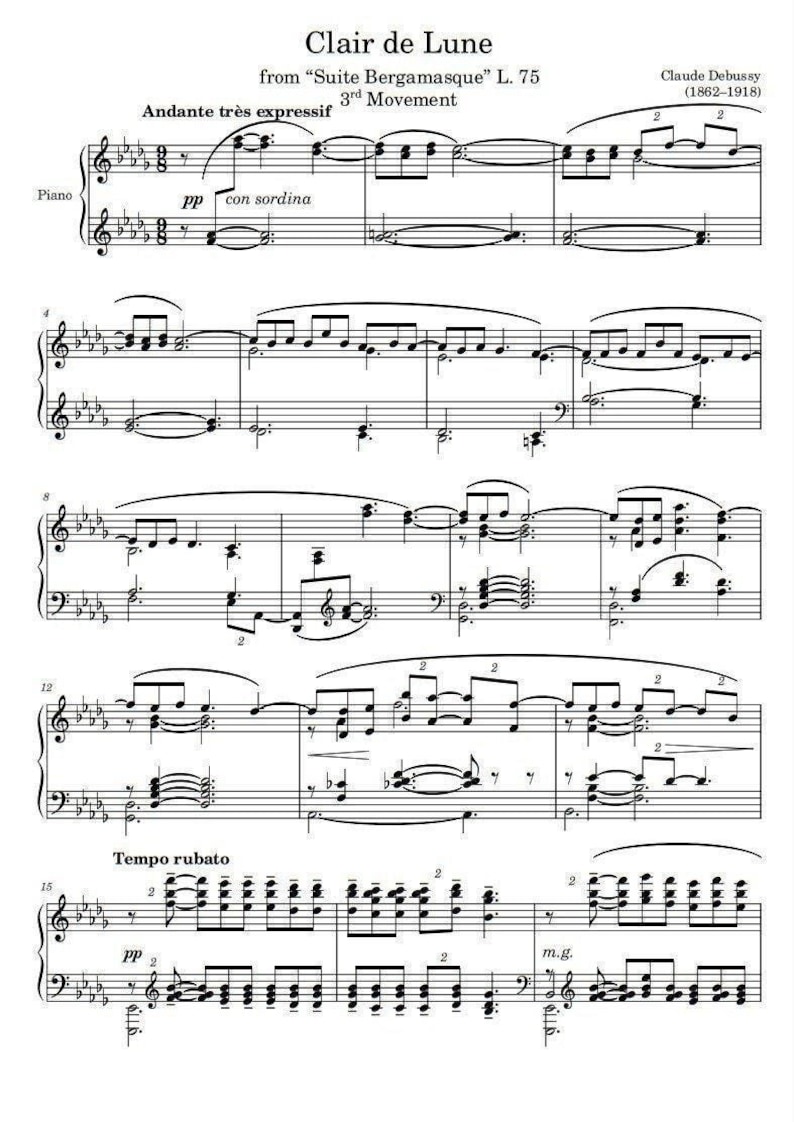 Debussy Clair De Lune Piano Sheet Music Pdf Etsy