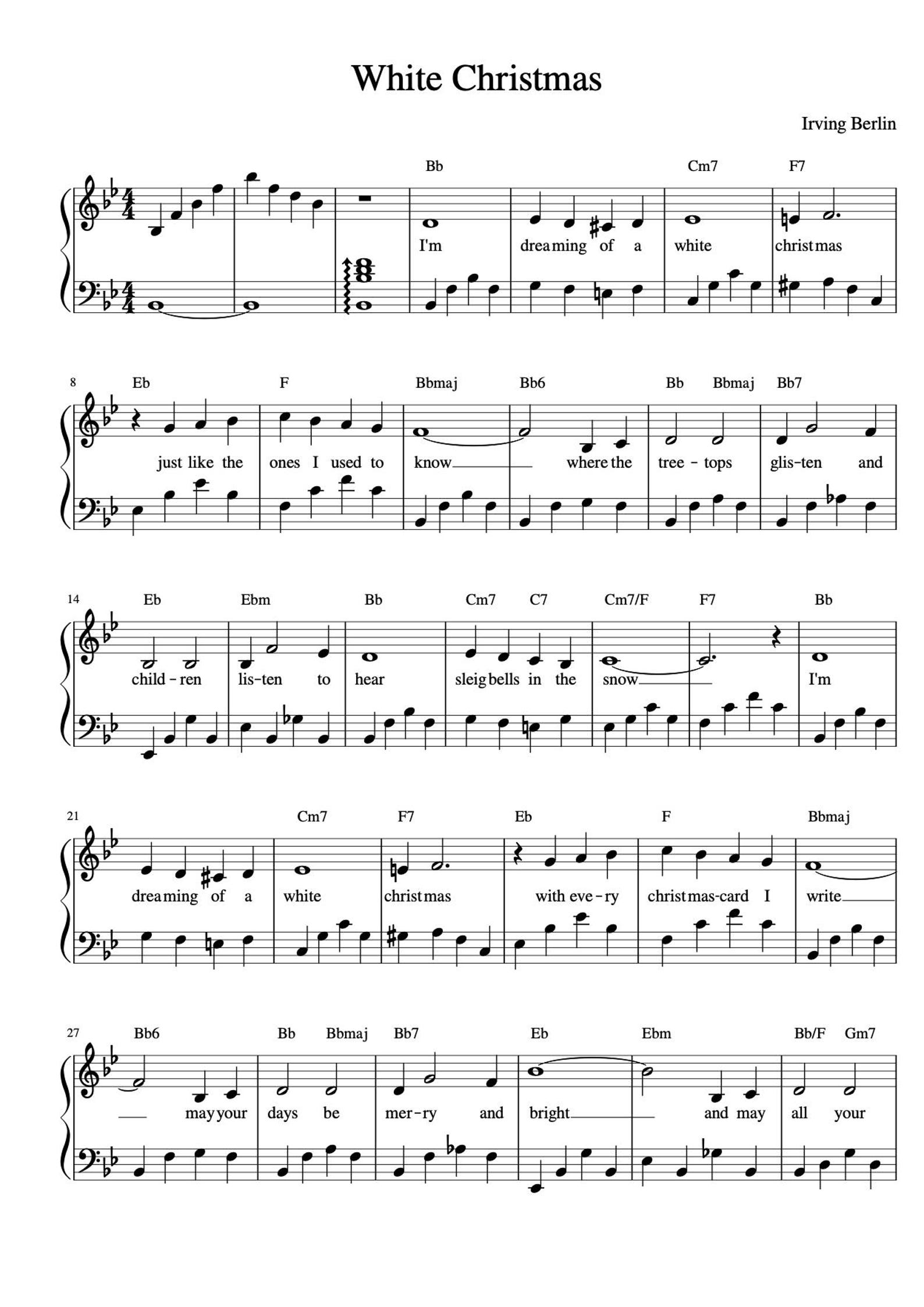 White Christmas - Easy Piano Sheet Music + Lyrics | Downloadable ...