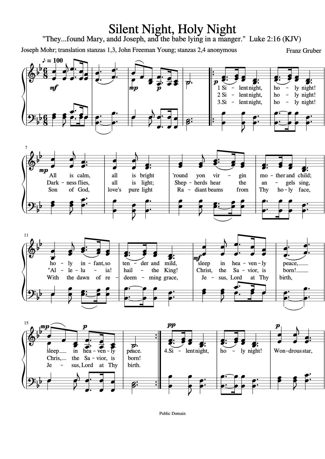 Silent Night - Piano Sheet Music + Lyrics | Christmas Carol Printable ...