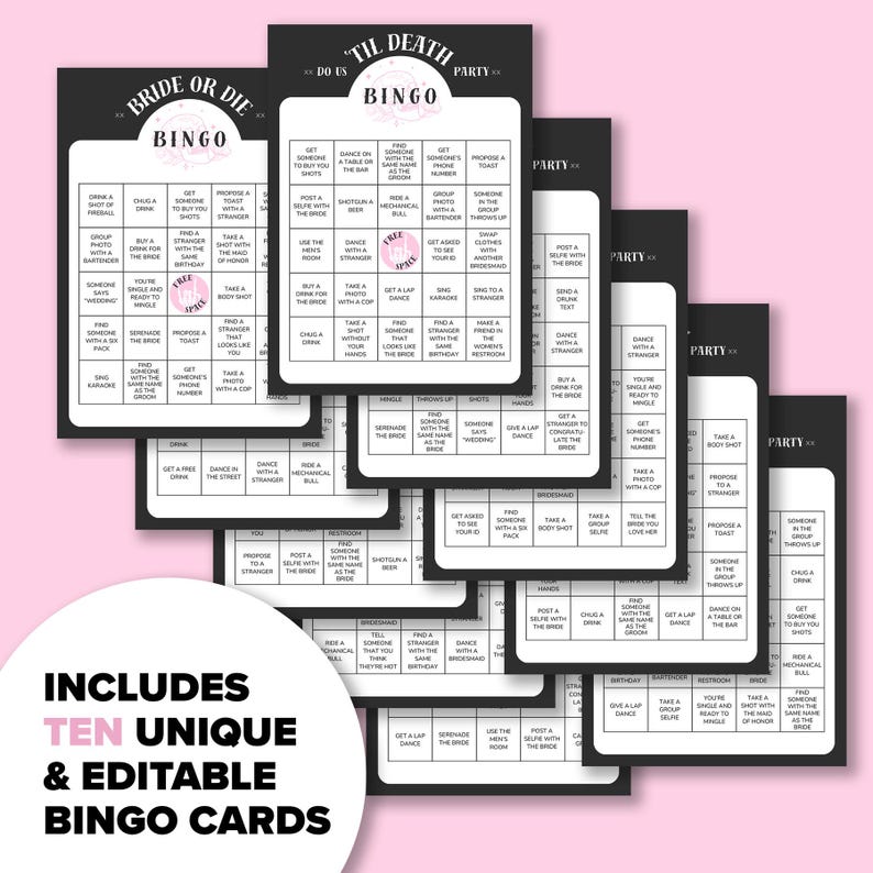 Bride or Die 10 Unique BINGO Cards - Editable and Customizable ...
