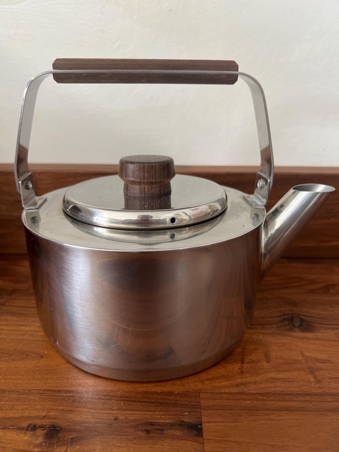 Vintage Mid Century Stainless Farberware Tea Kettle. Teak Wood Know and ...